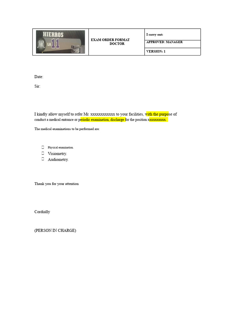 Medical Examination Order Format | PDF