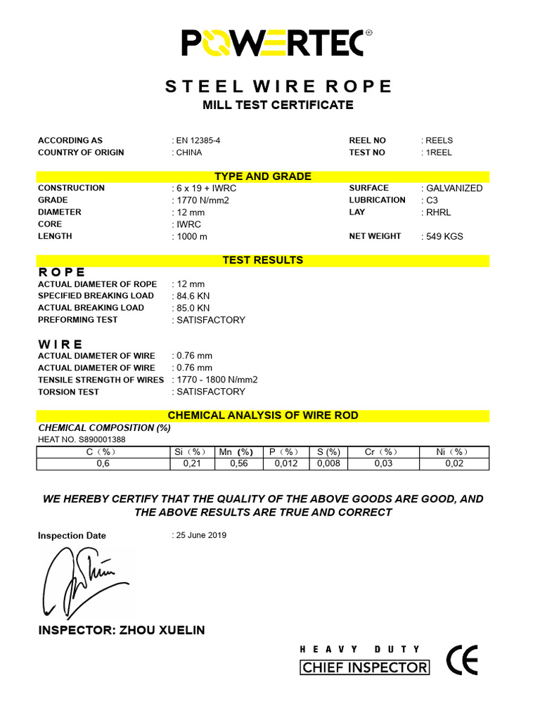 Mill Test Certificate for Steel Wire Rope | PDF