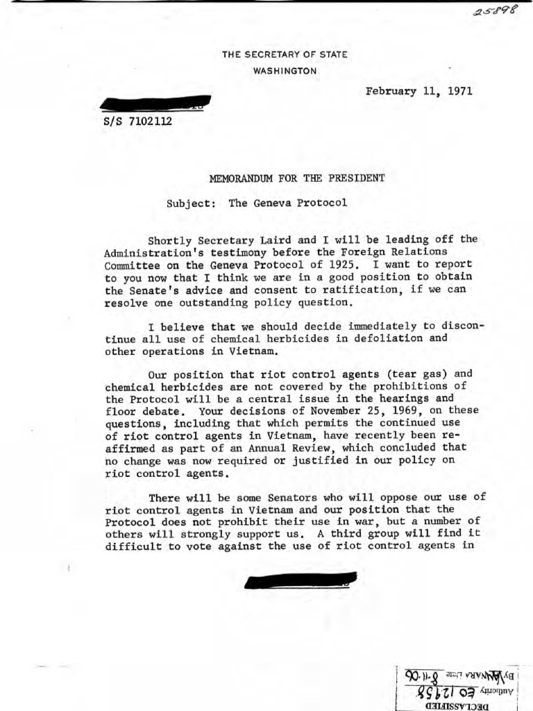 Memorandum For The President The Geneva Protocol | PDF | Treaty | Herbicide