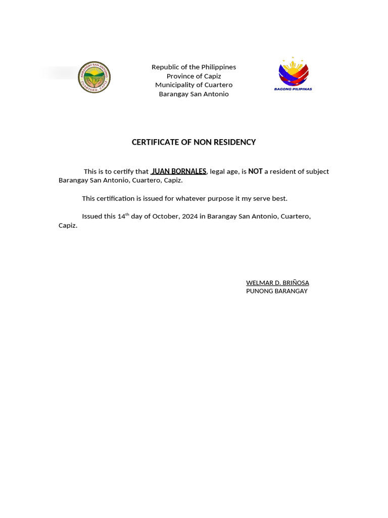 Certificate of Non Residency | PDF