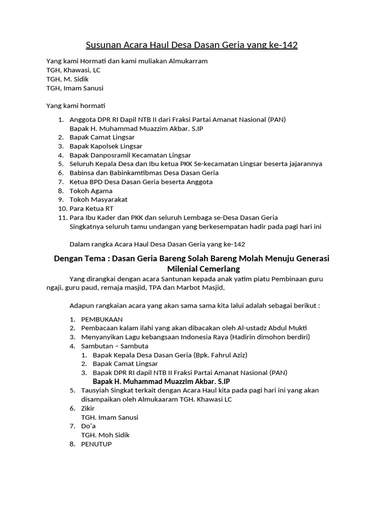 Susunan Acara Haul ke-142 Dasan Geria | PDF