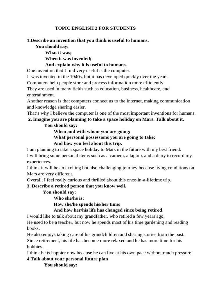 Topic English 2 For Students | PDF | Meal | Hotel