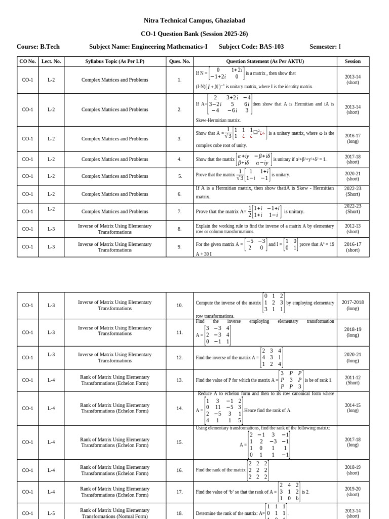 B.Tech Engineering Mathematics-I Question Bank | PDF | Eigenvalues And Eigenvectors | Abstract ...