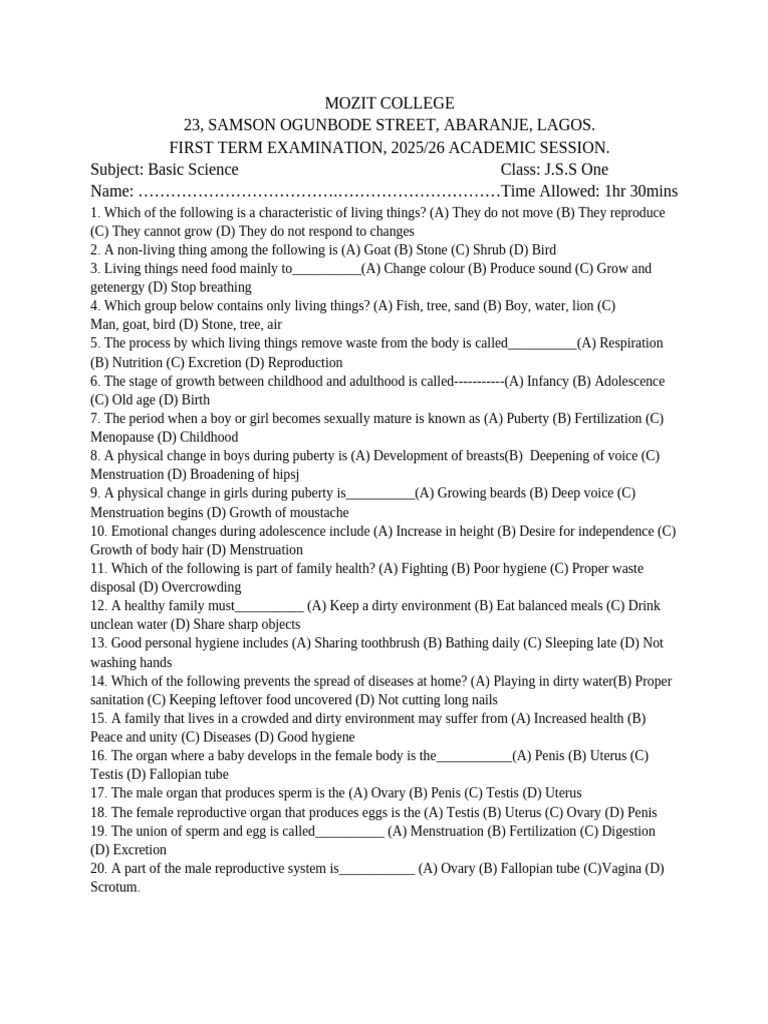 Basic Science Jss1 First Term Exam | PDF | Reproductive System | Human Reproduction