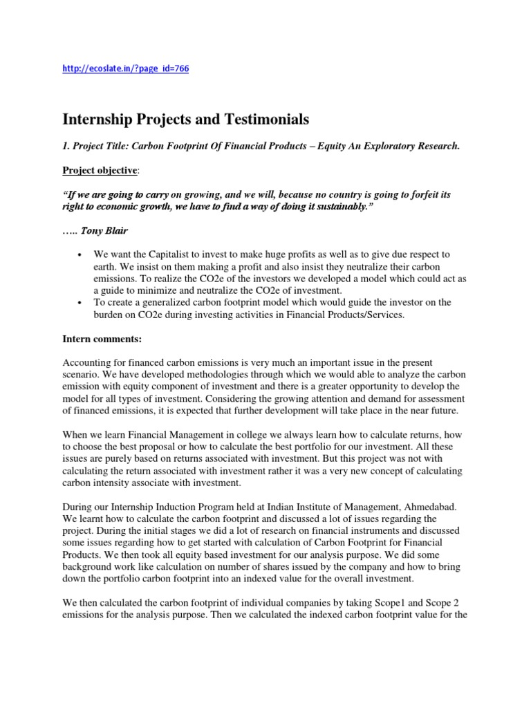 Internship Projects and Testimonials | PDF | Carbon Footprint | Investing