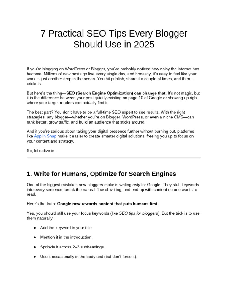 7 Essential SEO Tips for Bloggers 2025 | PDF | Search Engine ...