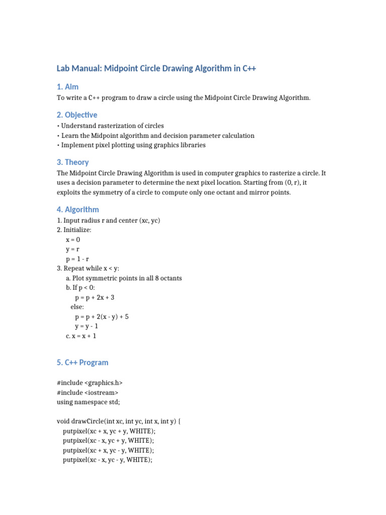 Midpoint Circle Lab Manual | PDF