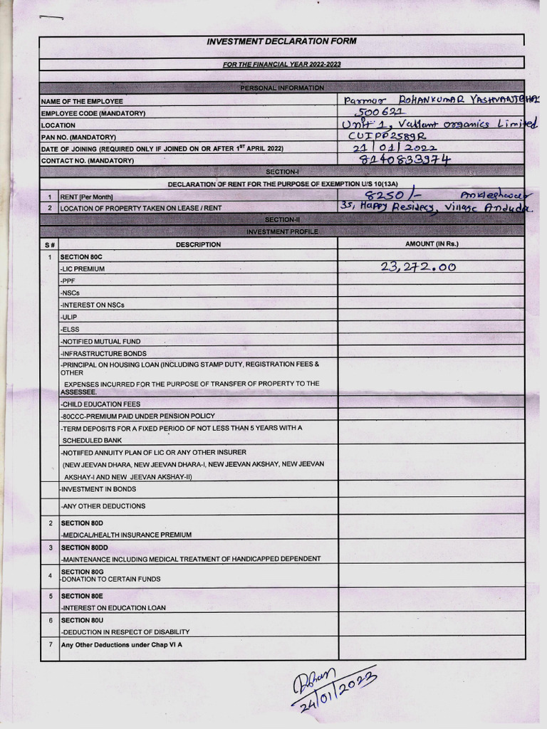 Investment Declaration Form 2022-20230001 | PDF