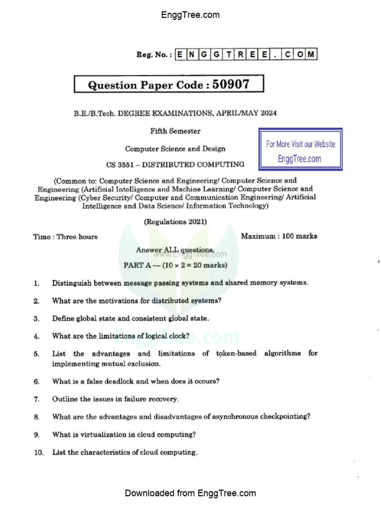 CS3551 Distributed Computing Apr May 2024 Question Paper Download | PDF