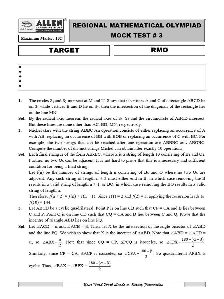 RMO Mock Test #3 Solutions and Problems | PDF | Geometric Shapes ...