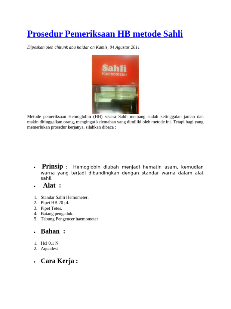 Prosedur Pemeriksaan Hemoglobin Metode Sahli | PDF