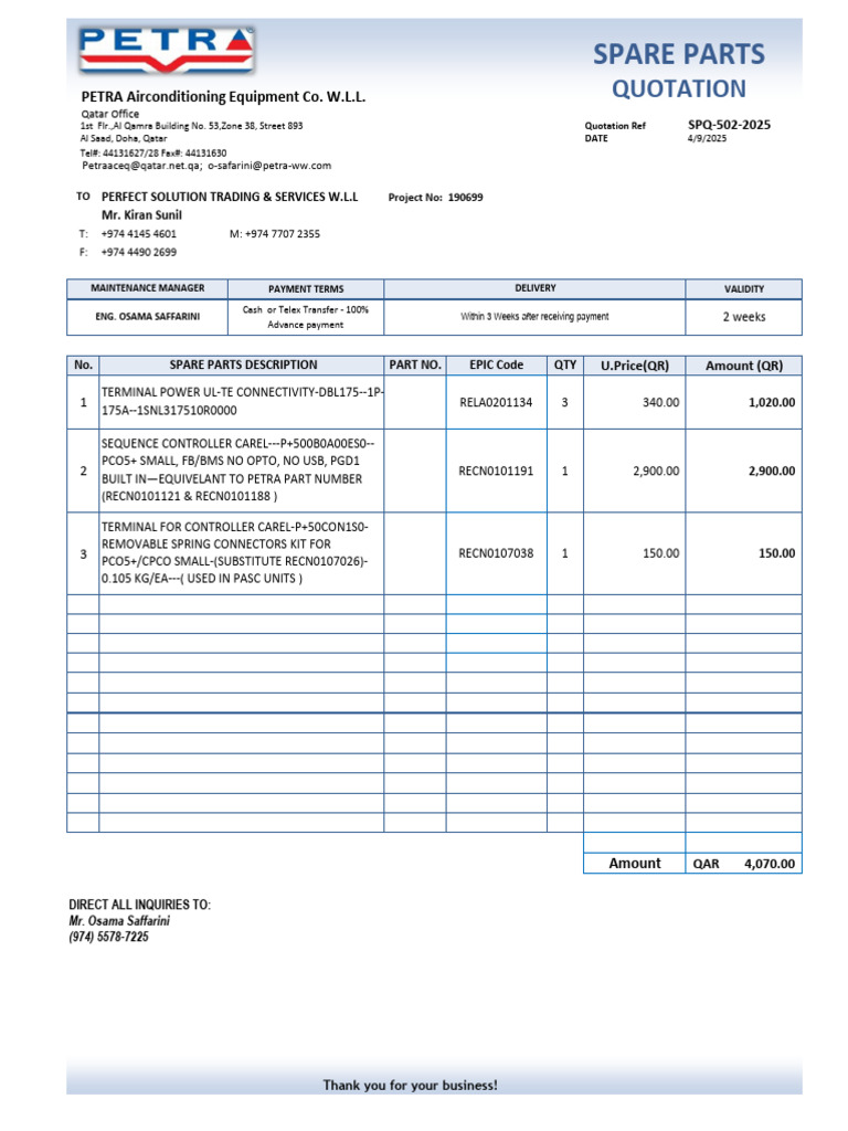 Spare Parts Quotation for Petra Equipment | PDF