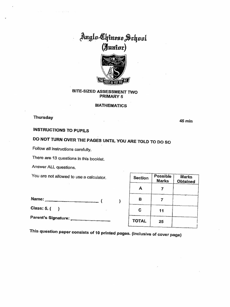 2024 P5 Maths Bite Sized Assessment 2 ACS (J) | PDF