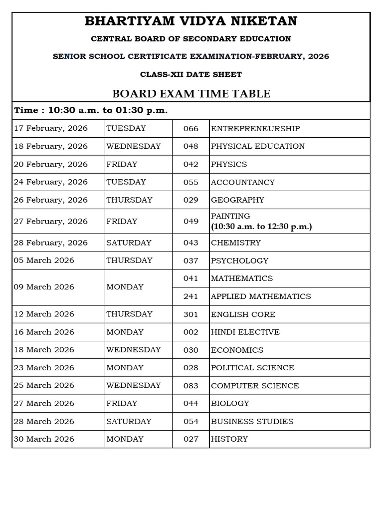Class Xii Board Exam Final Time Table | PDF