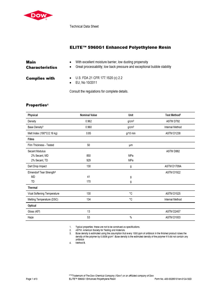 400 00285101en Elite 5960g1 Tds | PDF | Dow Chemical Company | Density