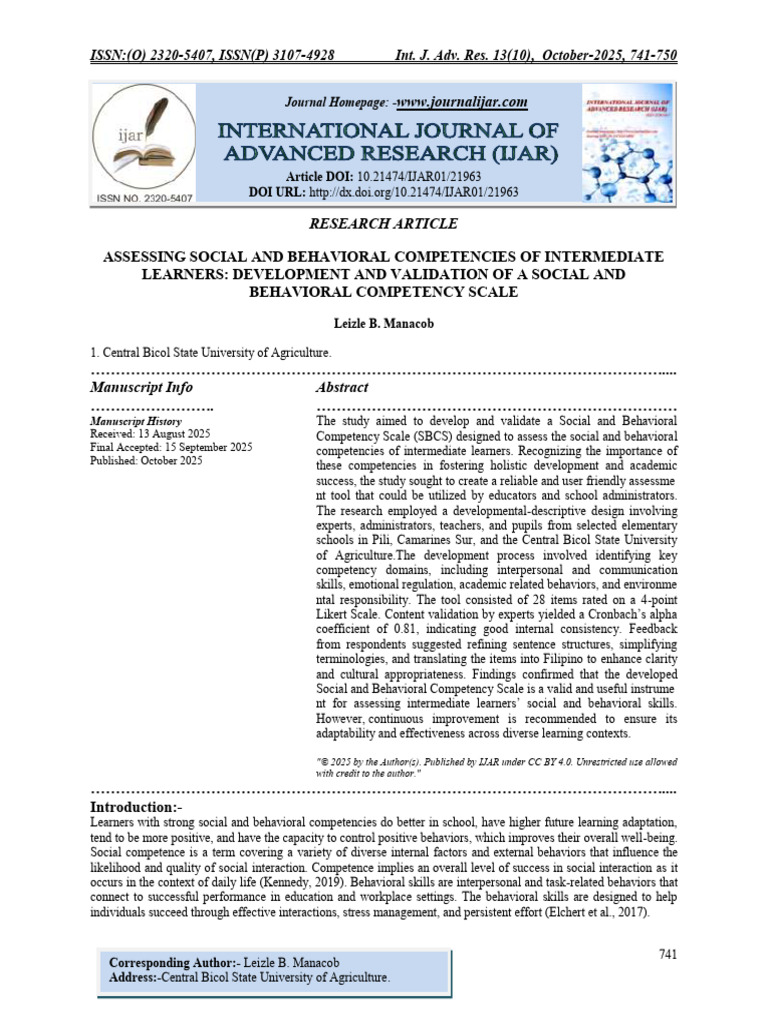 Assessing Social and Behavioral Competencies of Intermediate Learners: Development and ...