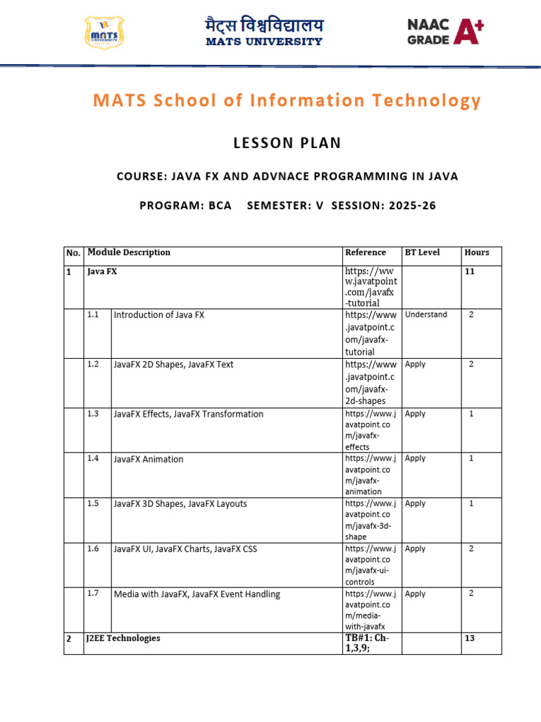 04 Lesson Plan Bca 501 Advnace Programming in Java | PDF | Java ...