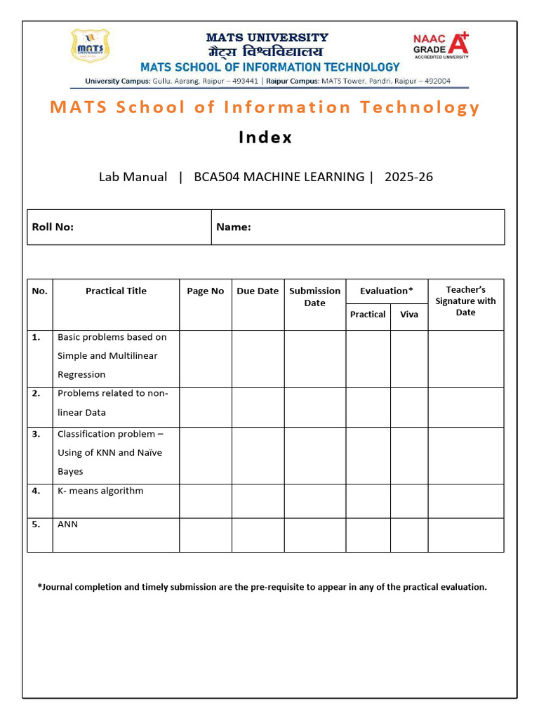 Lab Manual BCA V Machine - Learning | PDF | Machine Learning | Dependent And Independent Variables
