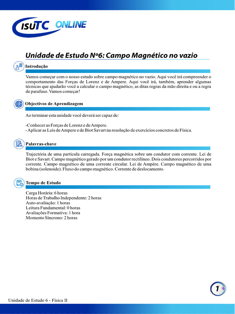 Fisica II - Unidade 6 Moodle | PDF | Magnetismo | Campo magnético