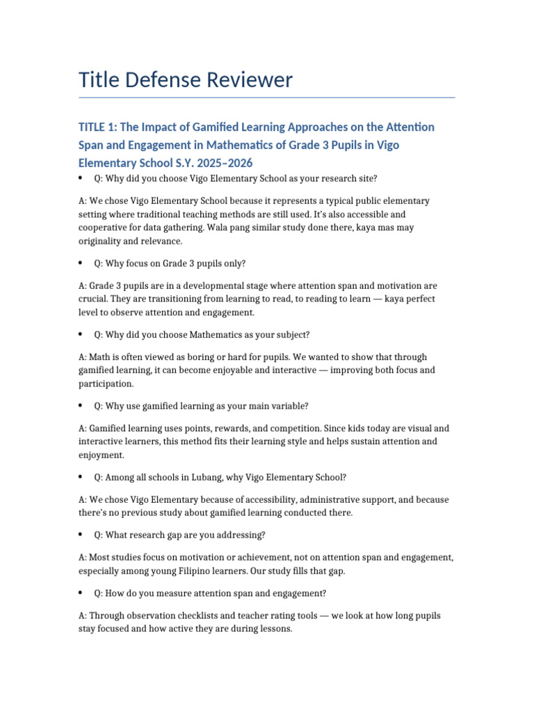 Title Defense Reviewer | PDF | Learning | Classroom