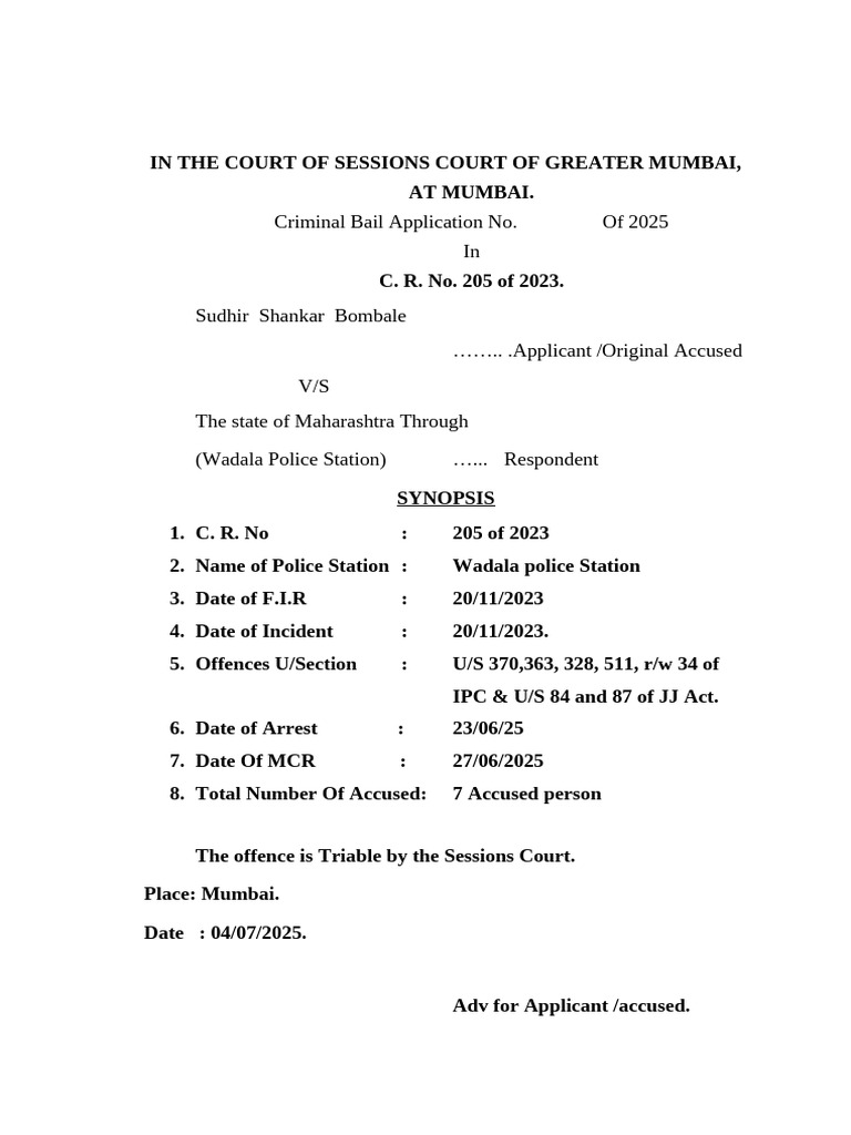 Sudhir Shankar Bombale Cri Bail Application (2) | PDF | Bail | Judiciaries