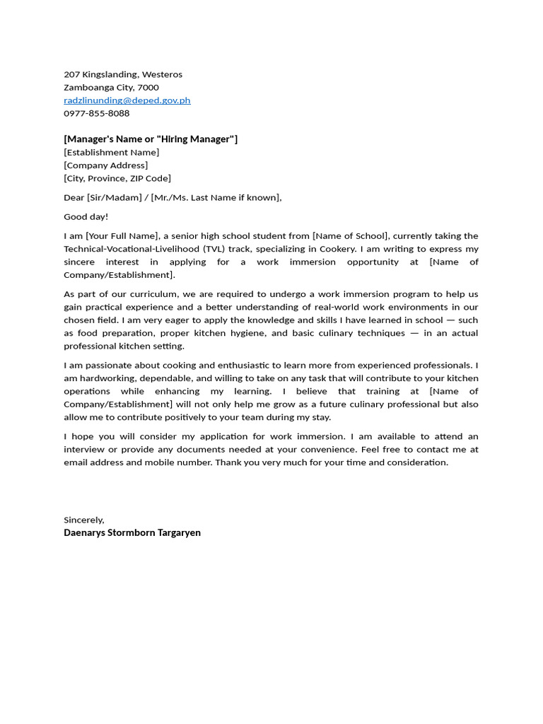 Cover Letter For Work Immersion | PDF