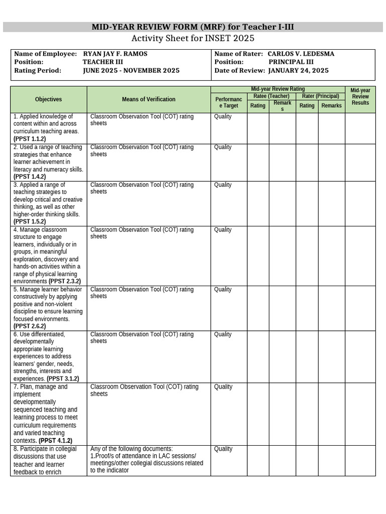 Mid-Year Review Form for Teacher III | PDF | Teachers | Learning