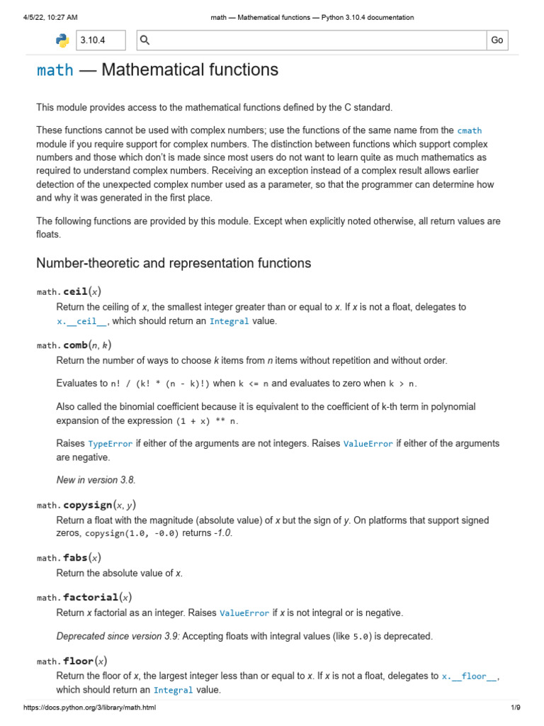 Math - Mathematical Functions - Python 3.10.4 Documentation | PDF ...