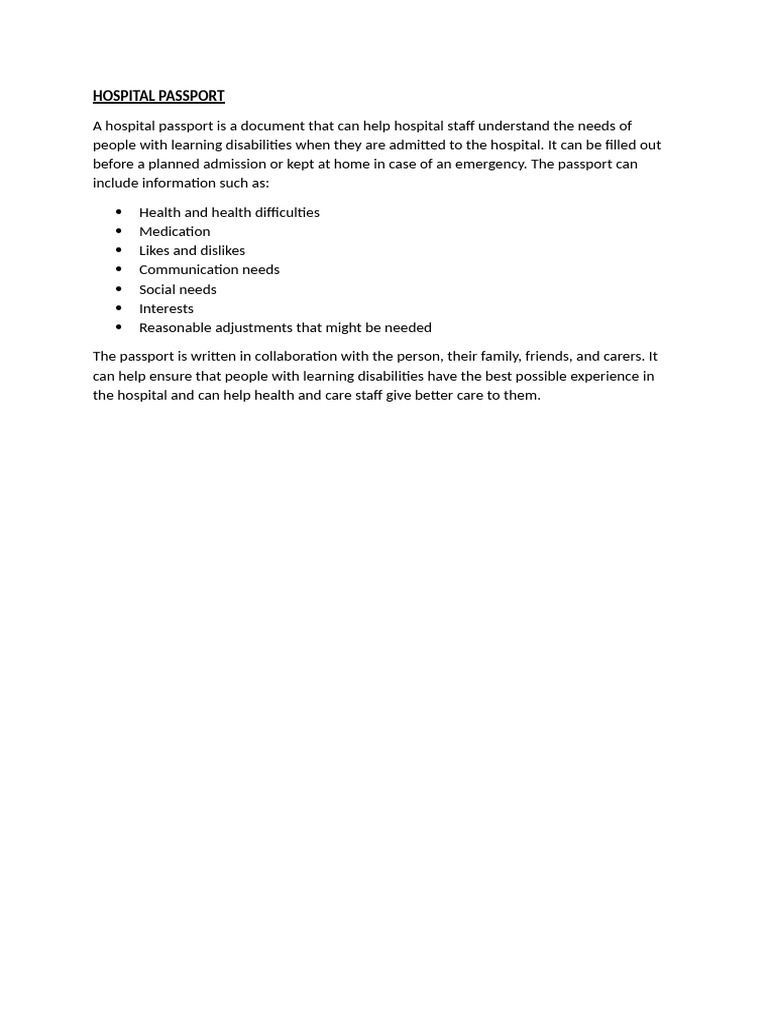 Hospital Passport for Learning Disabilities | PDF