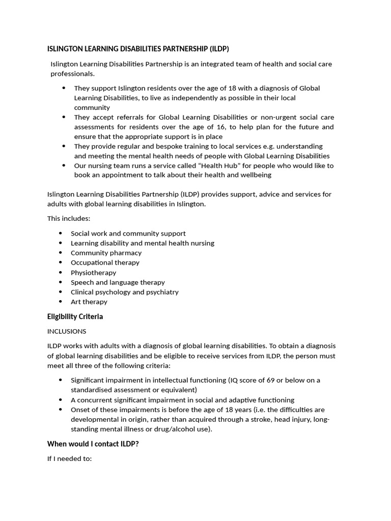 Islington Learning Disabilities Support Services | PDF | Intellectual ...