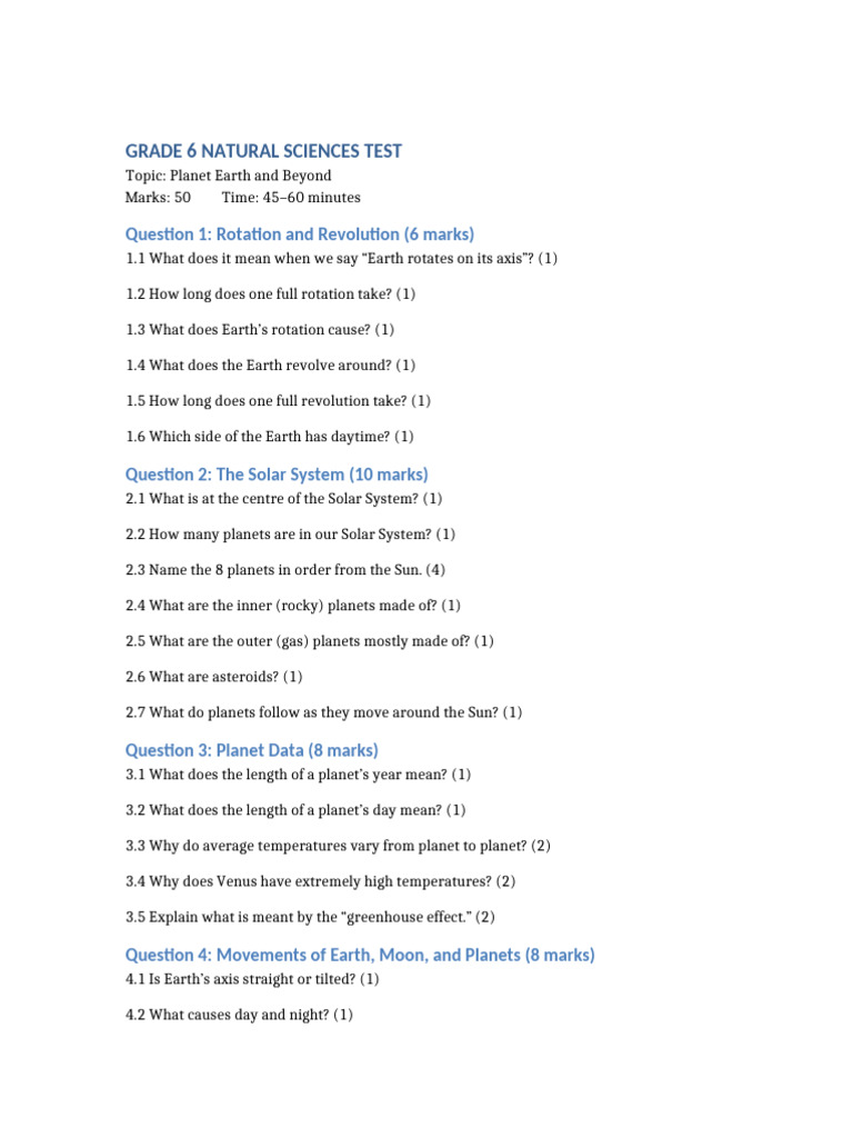 Grade 6 Natural Sciences: Earth & Space Test | PDF | Planets | Outer Space