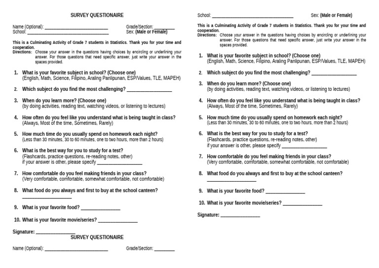 Grade 7 Student Survey Questionnaire | PDF | Chess Theory | Chess