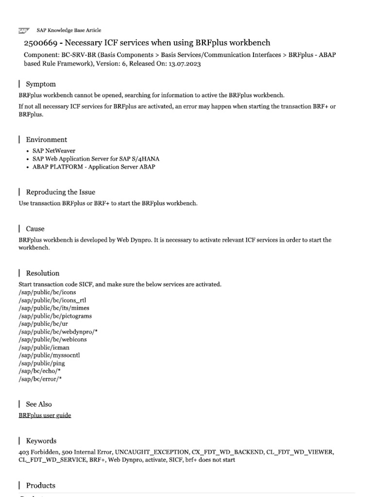 Necessary ICF Services When Using BRFplus Workbench | PDF