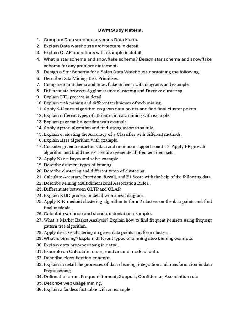 DWM Study Material | PDF | Cluster Analysis | Data Warehouse