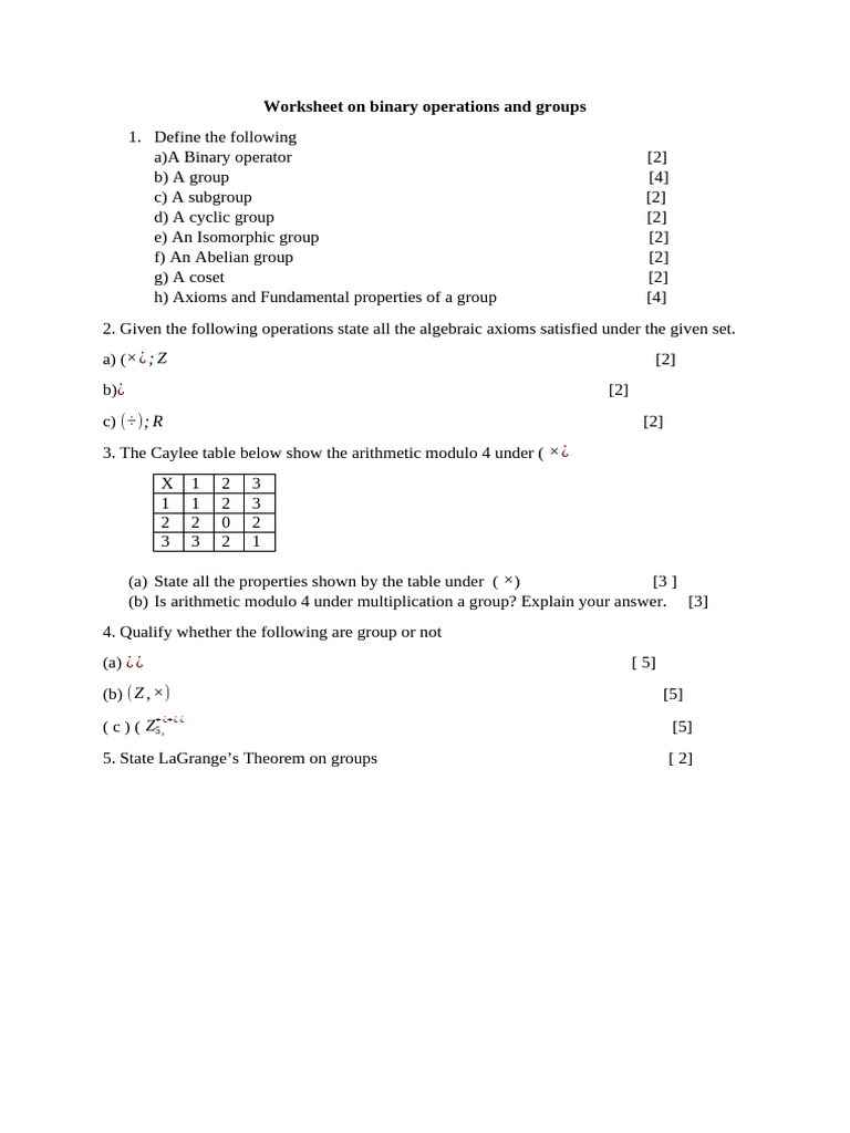 Worksheet On Binary Operations and Groups | PDF