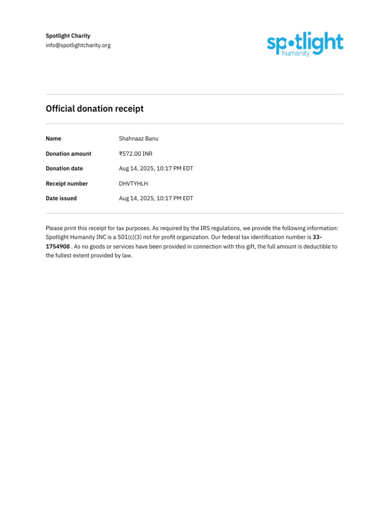 Spotlight Humanity INC Receipt Aug 14, 2025 | PDF