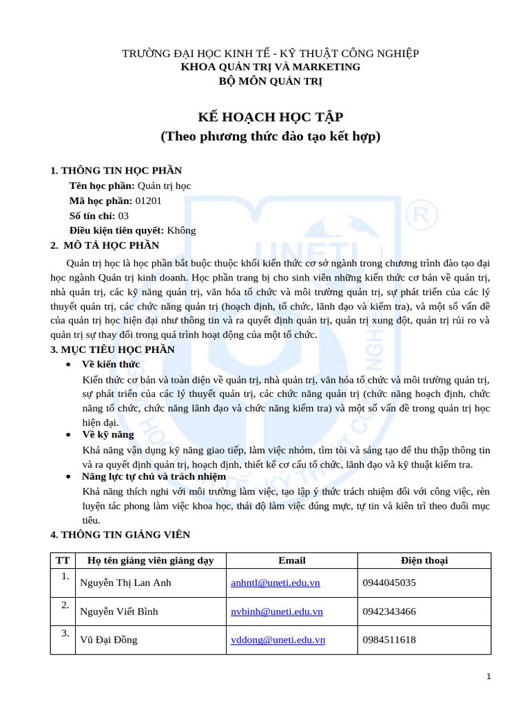 KHHT - Quản Trị Học (3TC) (Blended Learning) - Ver02 | PDF