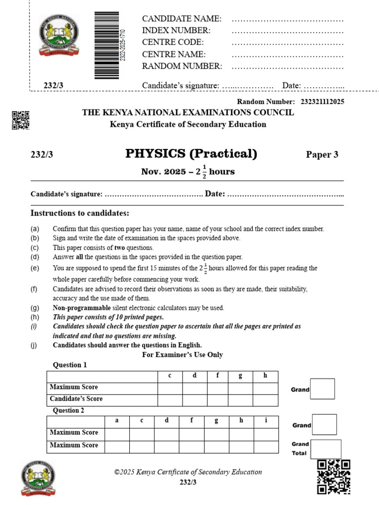 KCSE 2025 Physics Practical Exam Paper | PDF | Electricity | Optics