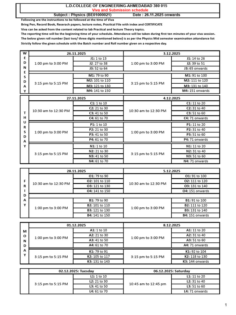 Physics - Term Submission and Viva Schedule - 26.11.2025 Onwards | PDF