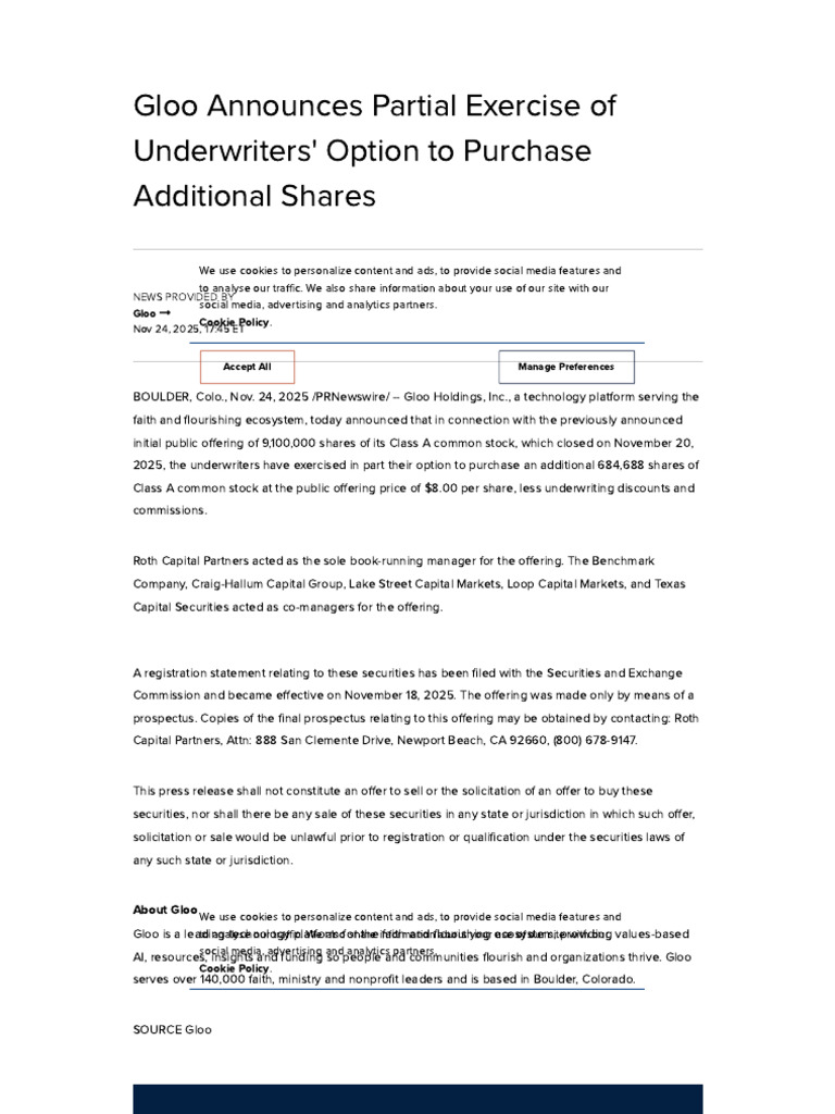 Gloo Announces Partial Exercise of Underwriters' Option To Purchase ...
