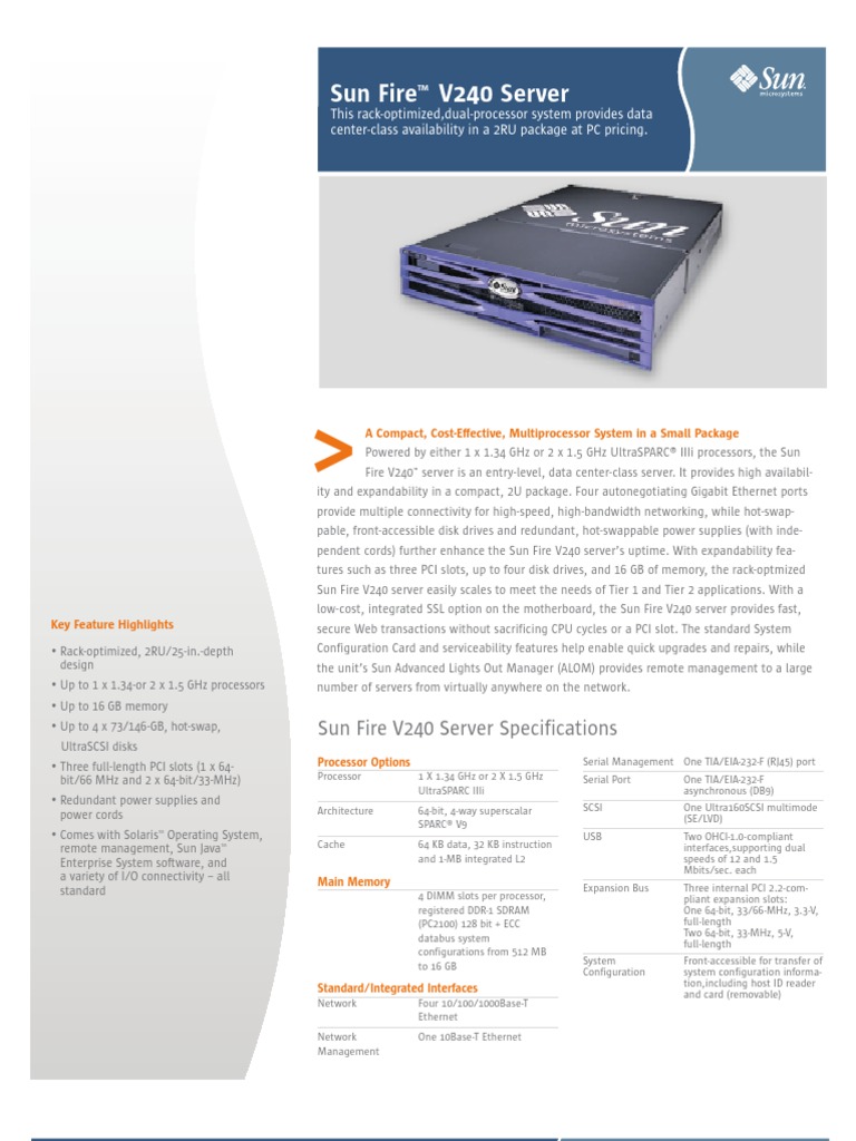 Sun Sunfire v240 Datasheet | PDF | 64 Bit Computing | Server (Computing)