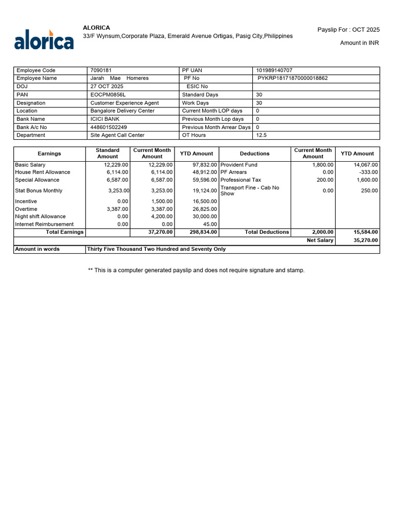 Alorica Homeres Payslip | PDF | Economies | Factor Income Distribution