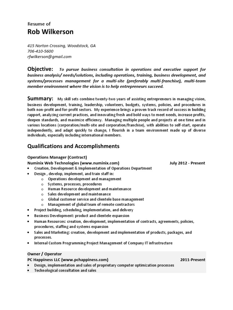 Rob Wilkerson's Business Consulting Resume | PDF | Technical Support ...