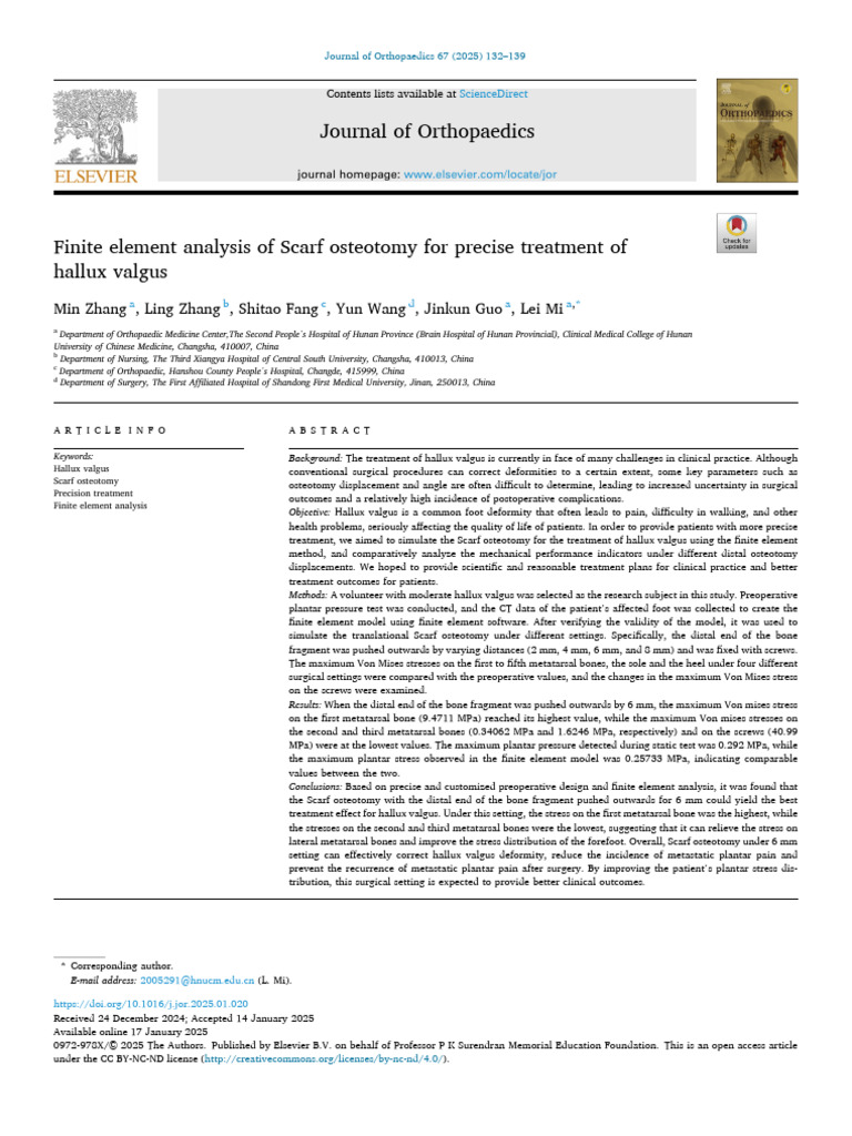 Finite element analysis of Scarf osteotomy for precise treatment of ...