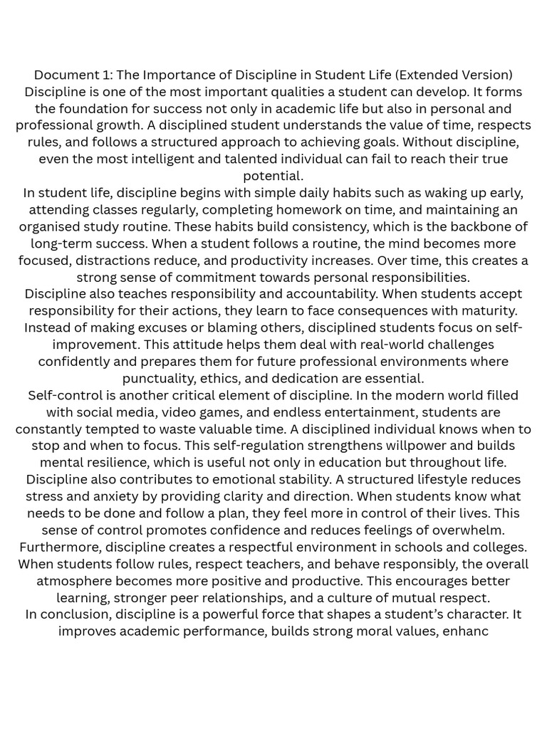 Document 1 The Importance of Discipline in Student Life (Extended ...