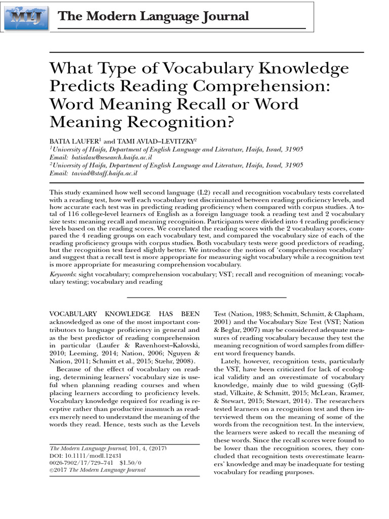 Vocabulary Tests and Reading Comprehension | PDF | Vocabulary ...