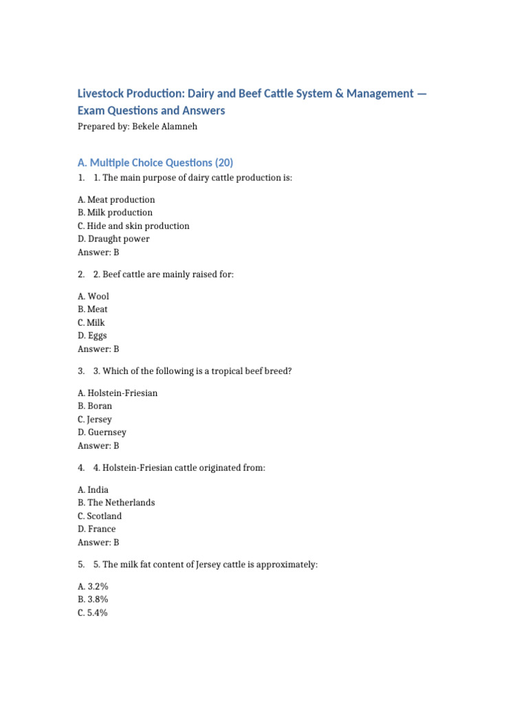 Dairy and Beef Cattle Management Quiz | PDF | Cattle | Dairy Cattle