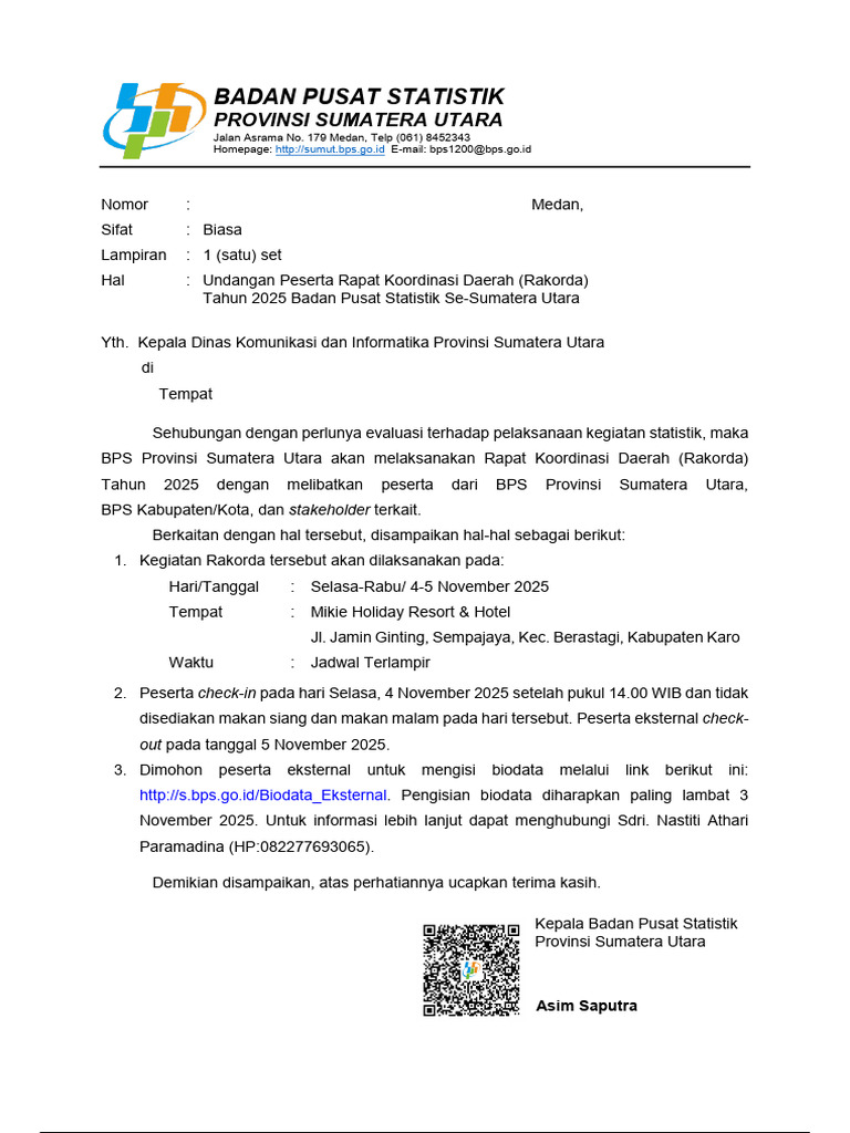 Undangan Rakorda BPS Sumut 2025 | PDF