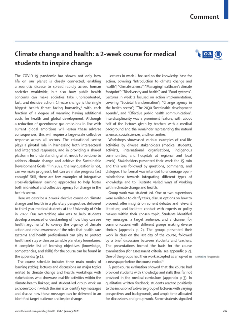 Climate Change and Health a 2 Week Course for Med | PDF ...
