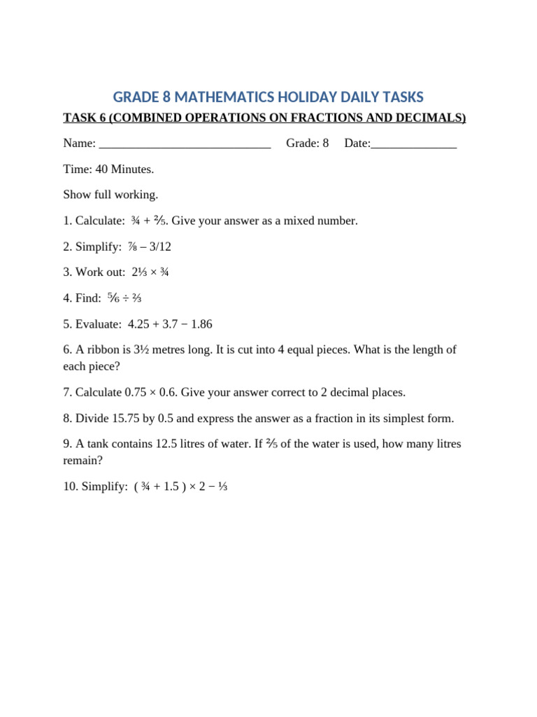 Task 6 (Combined Operations On Fractions and Decimals) | PDF